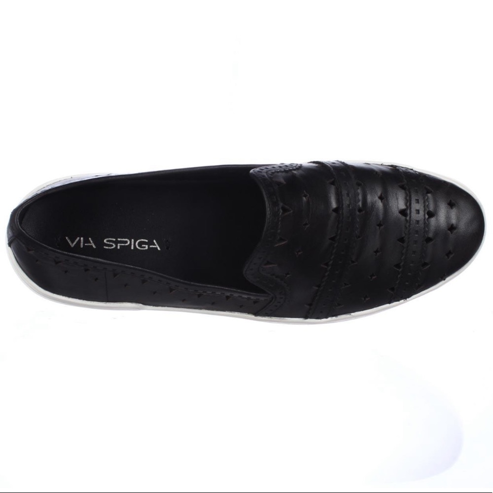 Via Spiga Gingi Laser Cut Black Leather Slip-On Sneak… - Gem